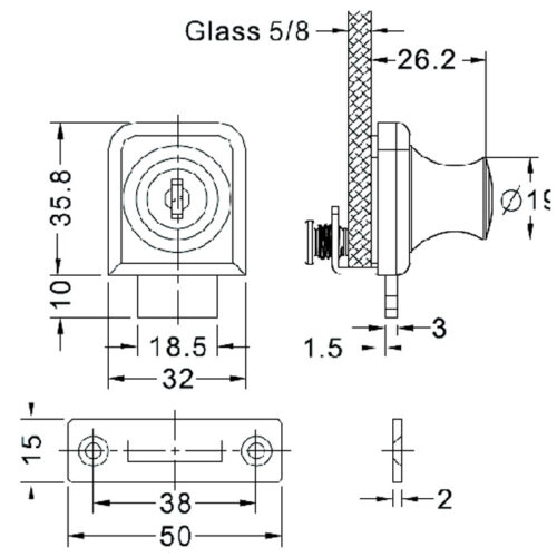 Glass Cabinet lock square shape - EuroArt
